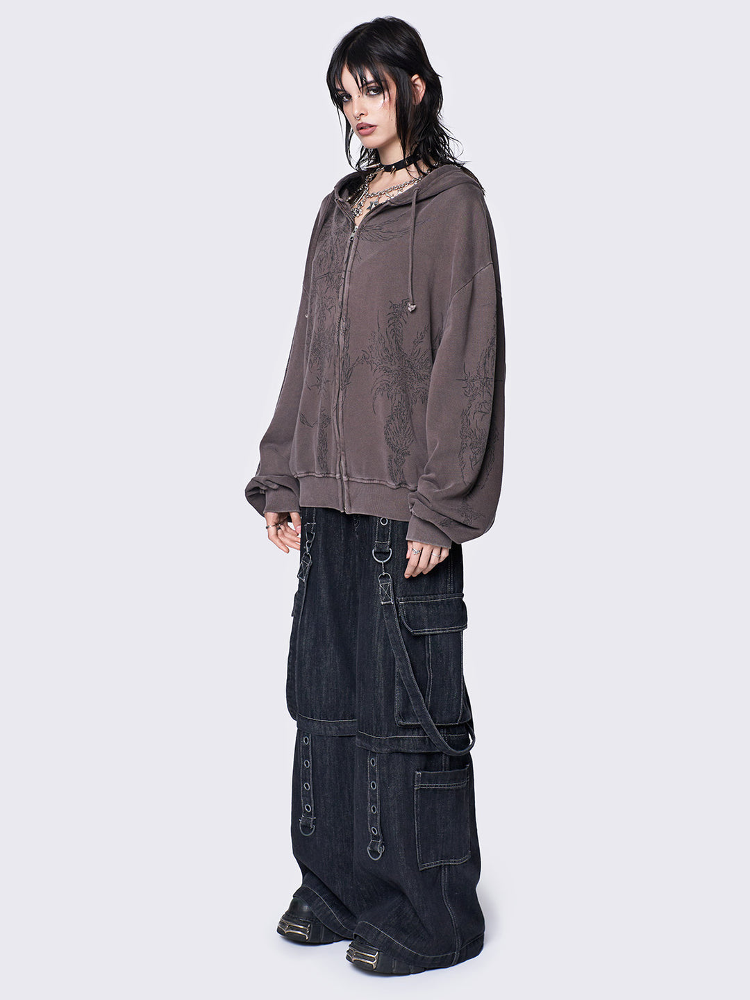 Brown Wash Oversized Zip Up Hoodie with Abstract Print Brown Wash Oversized Zip Up Hoodie with Abstract Print