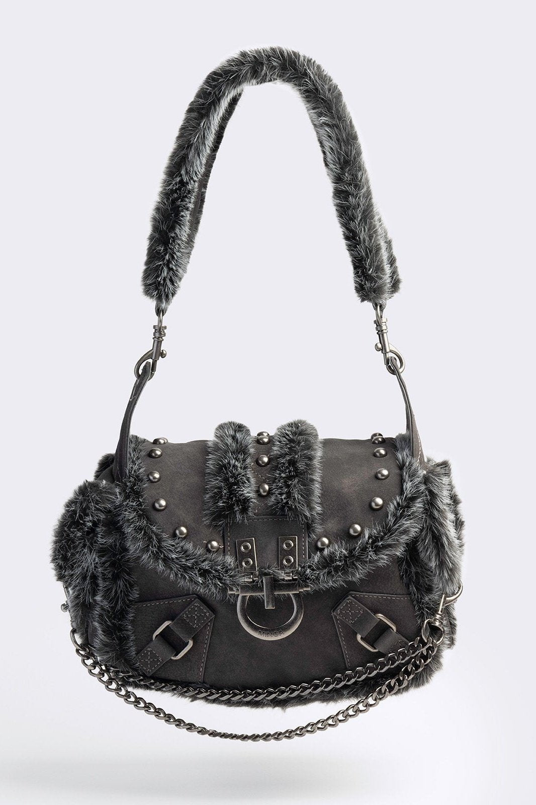 Furry Suede Vegan Leather Shoulder Bag in Black | Minga London – Minga ...